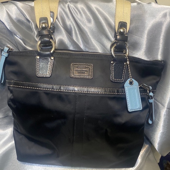 Coach | Bags | Coach Satin Hampton Handbag Black And Light Blue | Poshmark